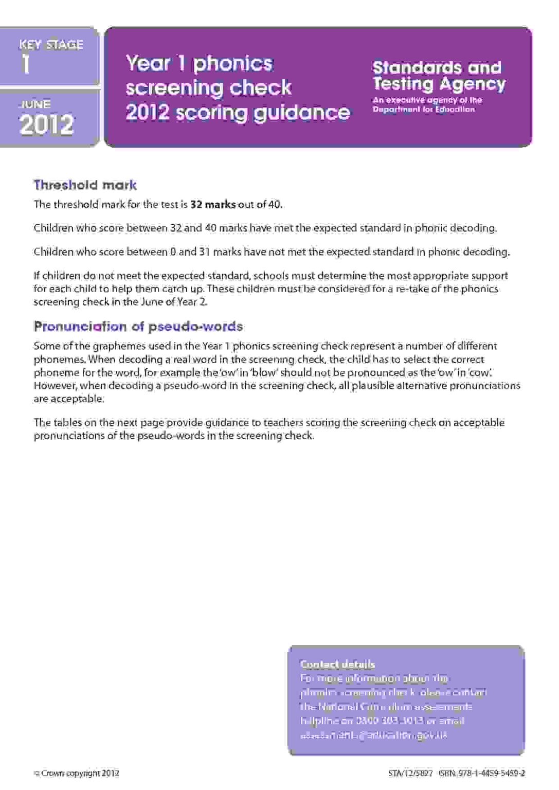 2012 Phonics Screening Check Materials & Answer | Year 1
